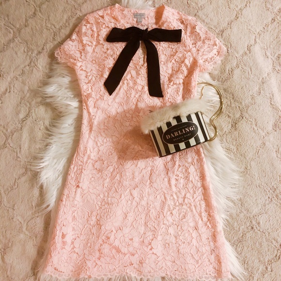 Dresses | Pink Lace Sheath Dress With Chiffon Bow Ribbon Tie | Poshmark